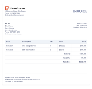 FREE TailwindCSS HTML Invoice Template - Themelize.me