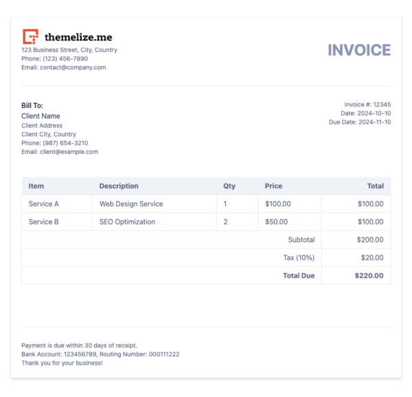 FREE TailwindCSS HTML Invoice Template - Themelize.me